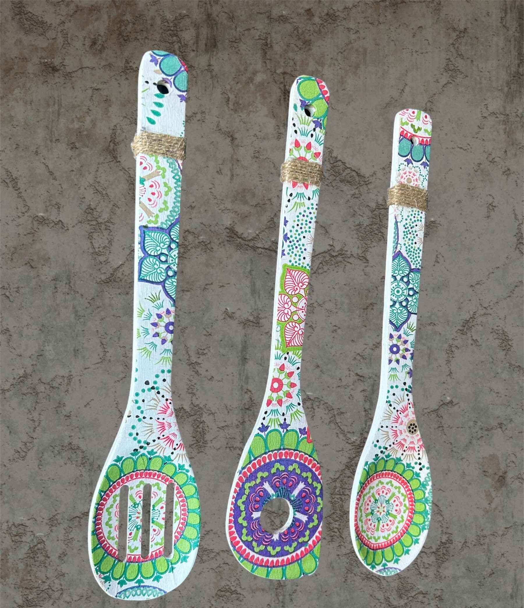 Set of 3 Wooden Kitchen Set Decorative Spoon and Spatula Decoupage ...