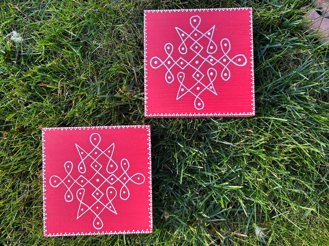 Kolam Art Hand Painted Manai/chowki/wood Riser Set of 2 - Etsy