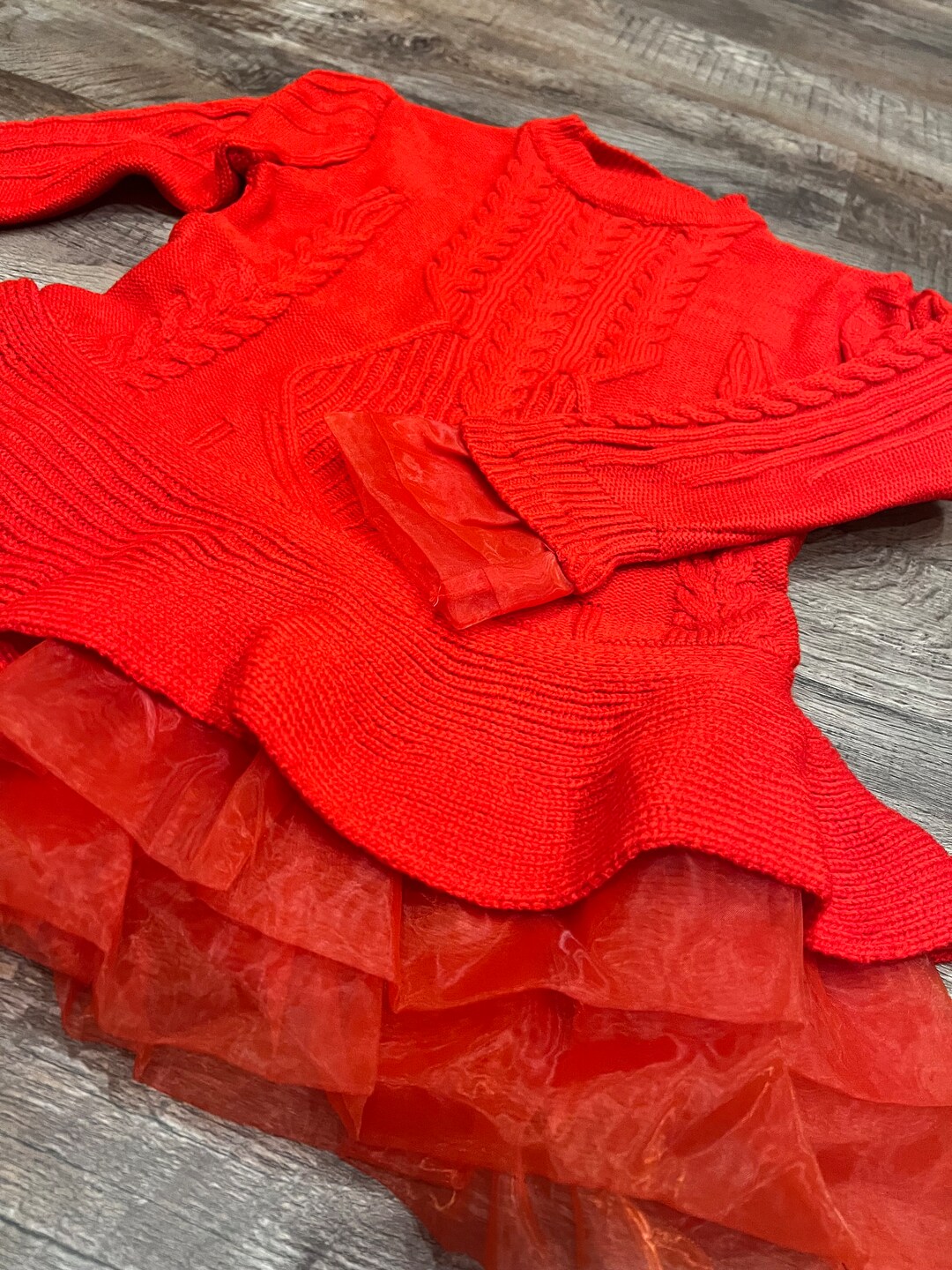 Absolutely Adorable Red Cable Knit and Sheer Skirted Tunic Sweater ...