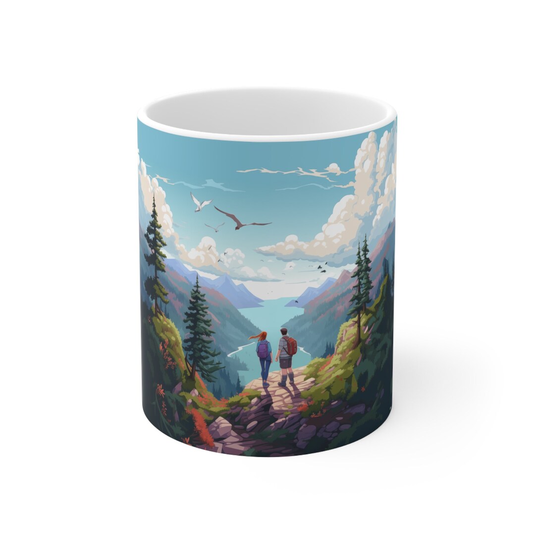 Couple's Daylight Hike Coffee Mug: 8-bit Nature Stroll, 11oz, Gift for ...