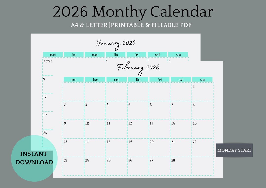 Elegant 2026 Monthly Wall Calendar, A4 & Letter Size, 2026 Planner ...