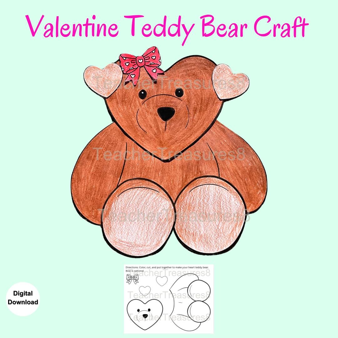 Valentine Teddy Bear Craft, Printable Kids Activity (PDF Download ...
