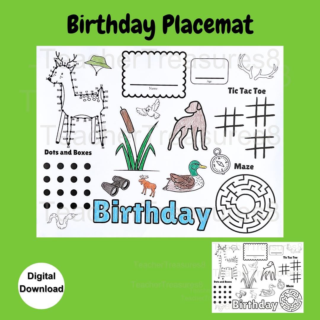 Birthday Hunting Theme Placemat Coloring Page Printable Placemat Kids ...