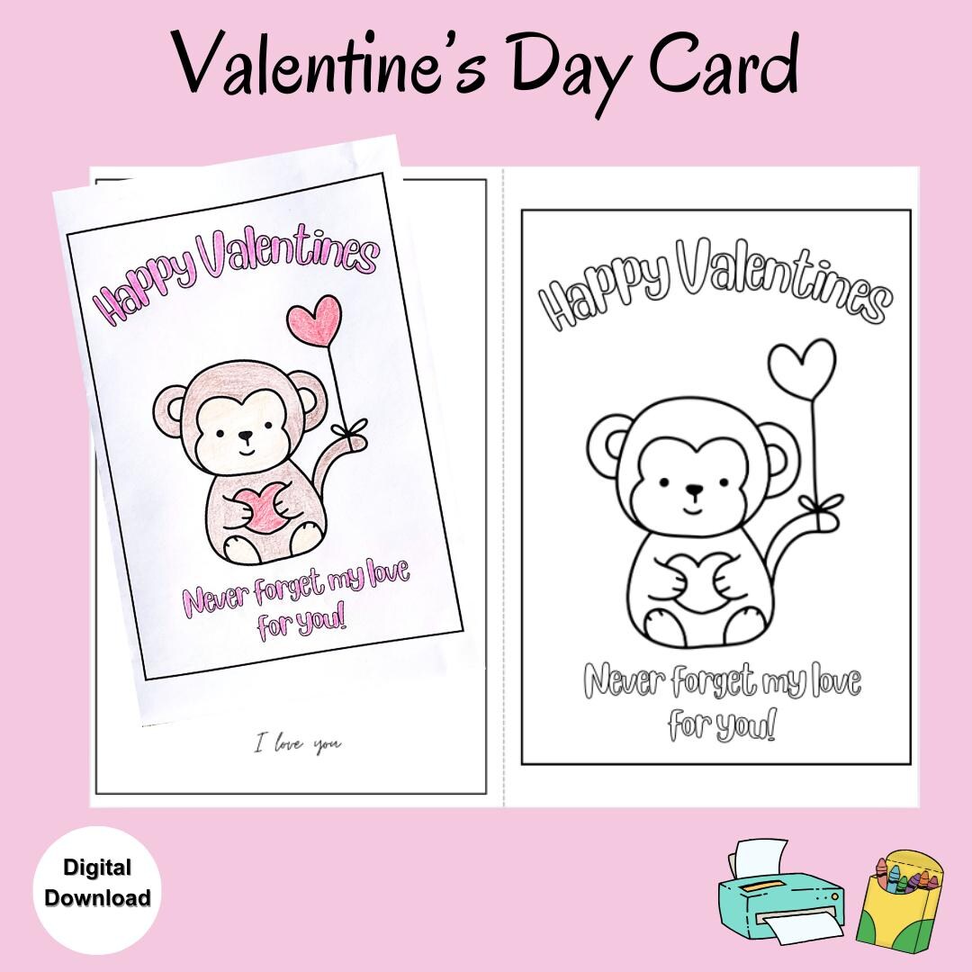 Monkey Valentines Day Card Happy Valentine’s Day Greeting Card Kids ...