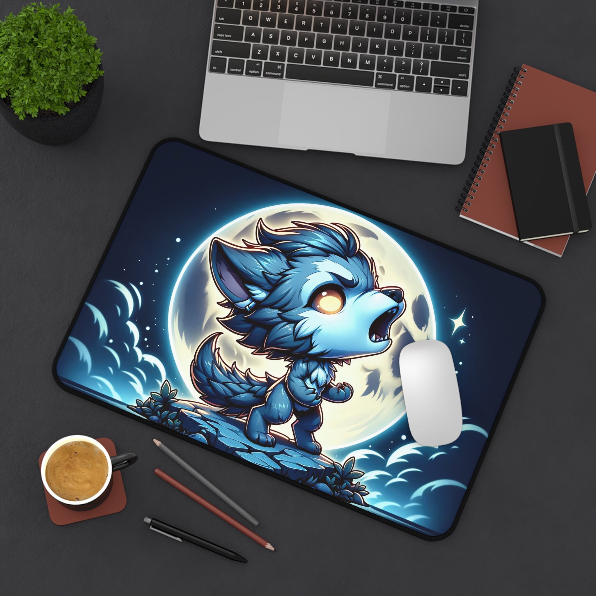 Cute Chibi Werewolf Howling at the Moon D&D Gaming Mat Desk Mat Mouse ...