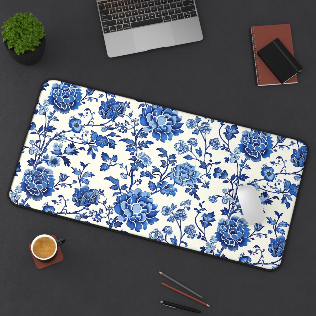 Blue Toile Desk Mat: Vintage Floral Pattern, Elegant Workspace - Etsy