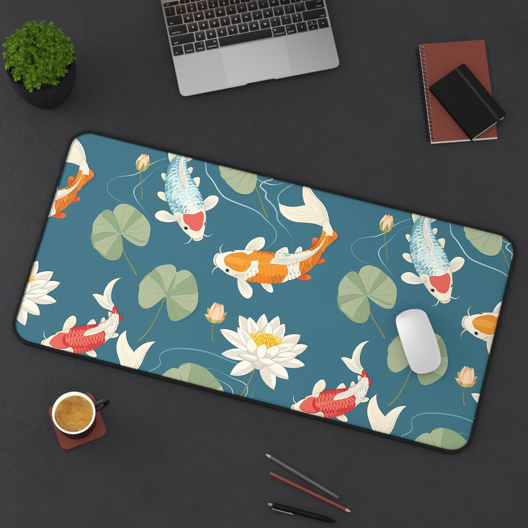 Koi Fish Desk Mat With Floral Design Large Japanese Koi Pond Mouse Pad ...