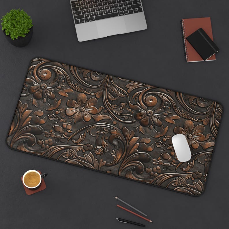 Tooled Leather Print Desk Mat With Western Floral Design Non Slip ...