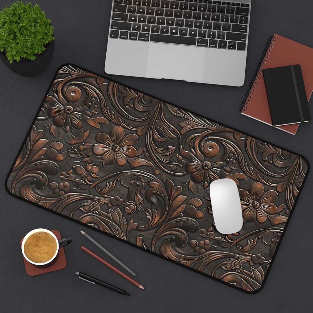 Tooled Leather Print Desk Mat With Western Floral Design Non Slip ...