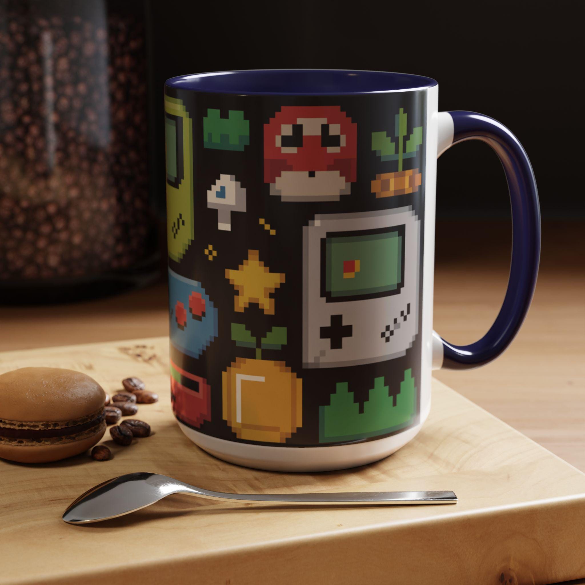 Pixel Art Gaming Icons Mug Retro 8 Bit Gamer Coffee Cup Arcade Joystick ...