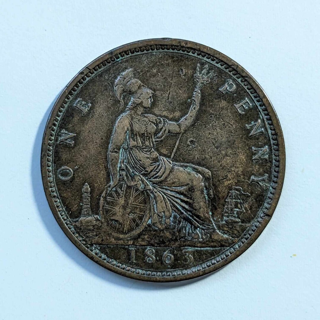 1863, GREAT BRITAIN, Km-749.2, One Penny in Bronze, 9.45 Grams, 30.8 Mm. AU50 Quality. Very Rare ...