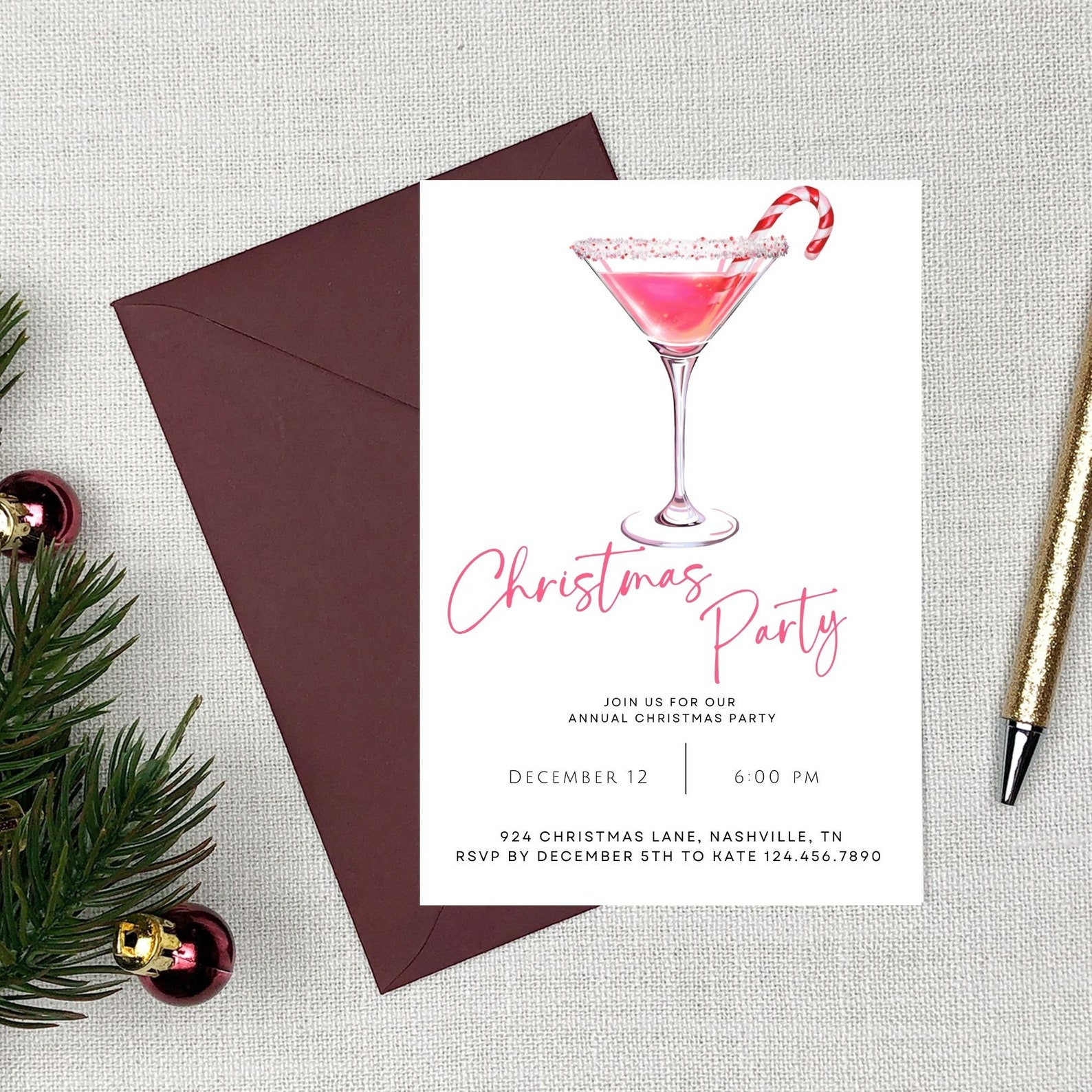 Editable Pink Christmas Party Invitation, Girls Night Christmas ...