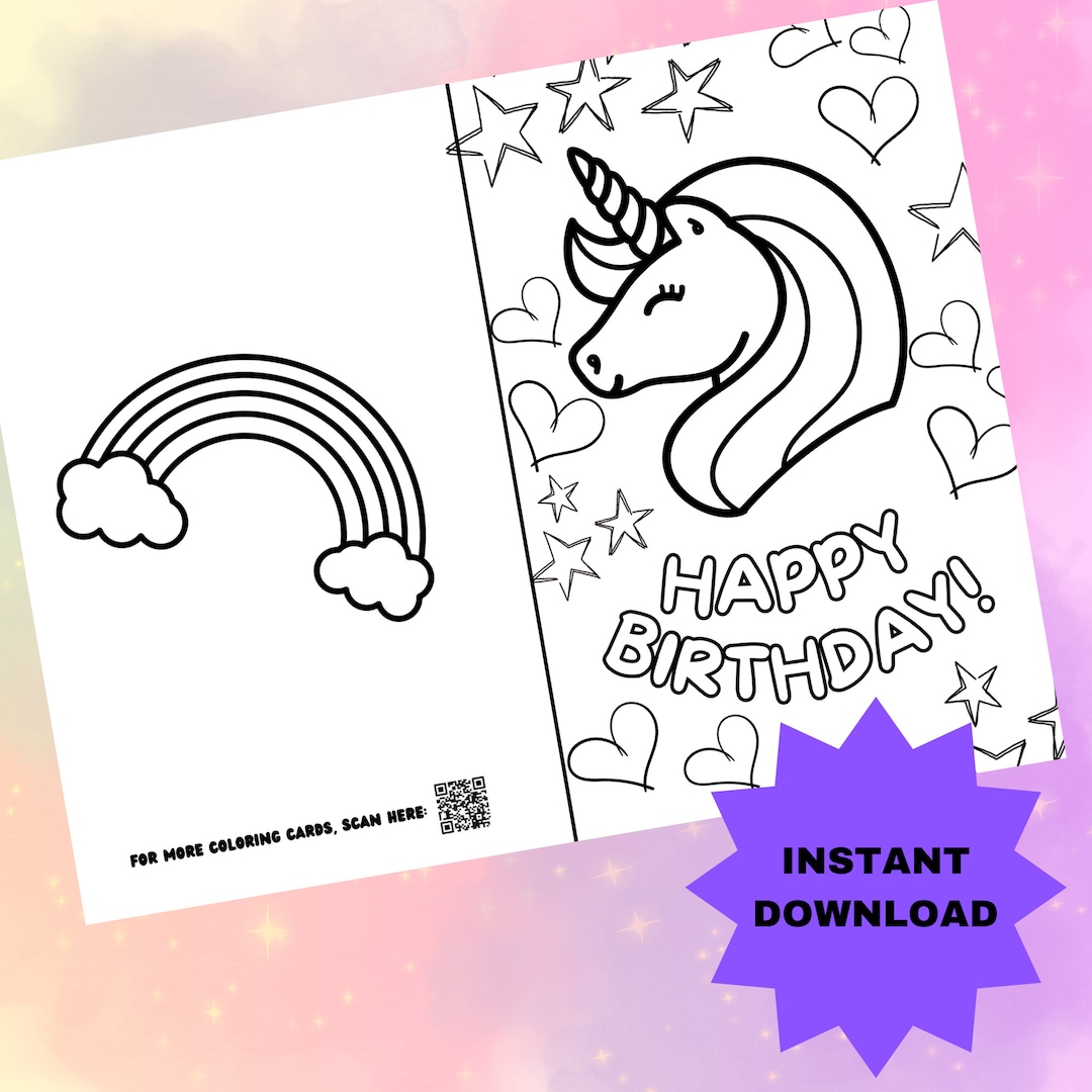 Unicorn Birthday Coloring Card for Kids- INSTANT DOWNLOAD - Etsy