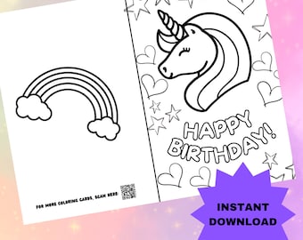 Digital Download Printable Unicorn Card, Coloring Birthday Cards ...