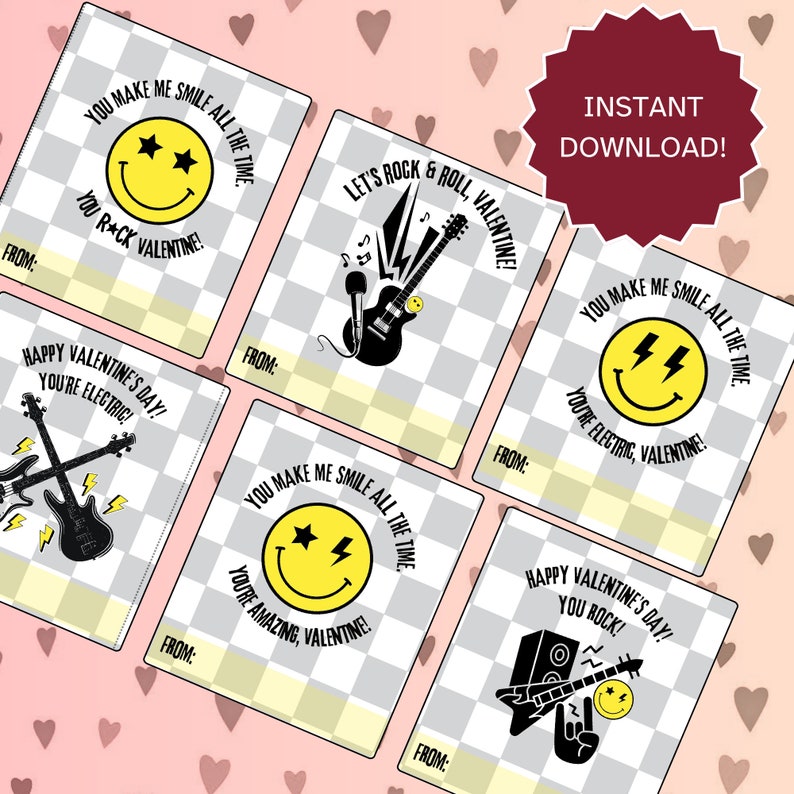 Rock and Roll Smiley Face Classroom Valentine’s Day Cards - PRINTABLE ...