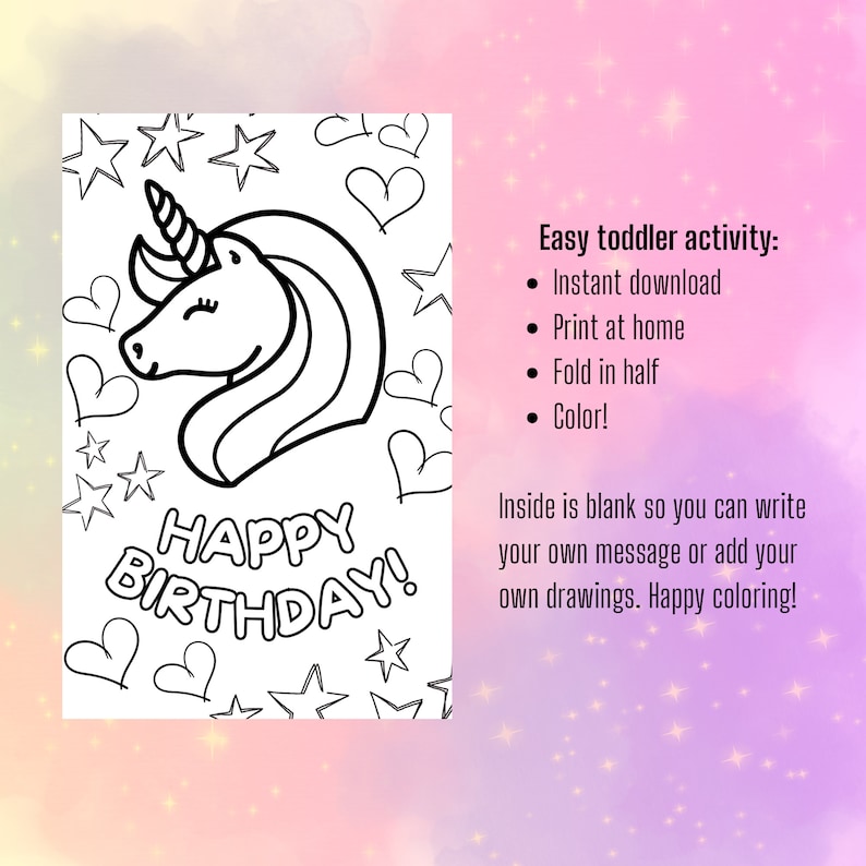 Unicorn Birthday Coloring Card for Kids- INSTANT DOWNLOAD - Etsy