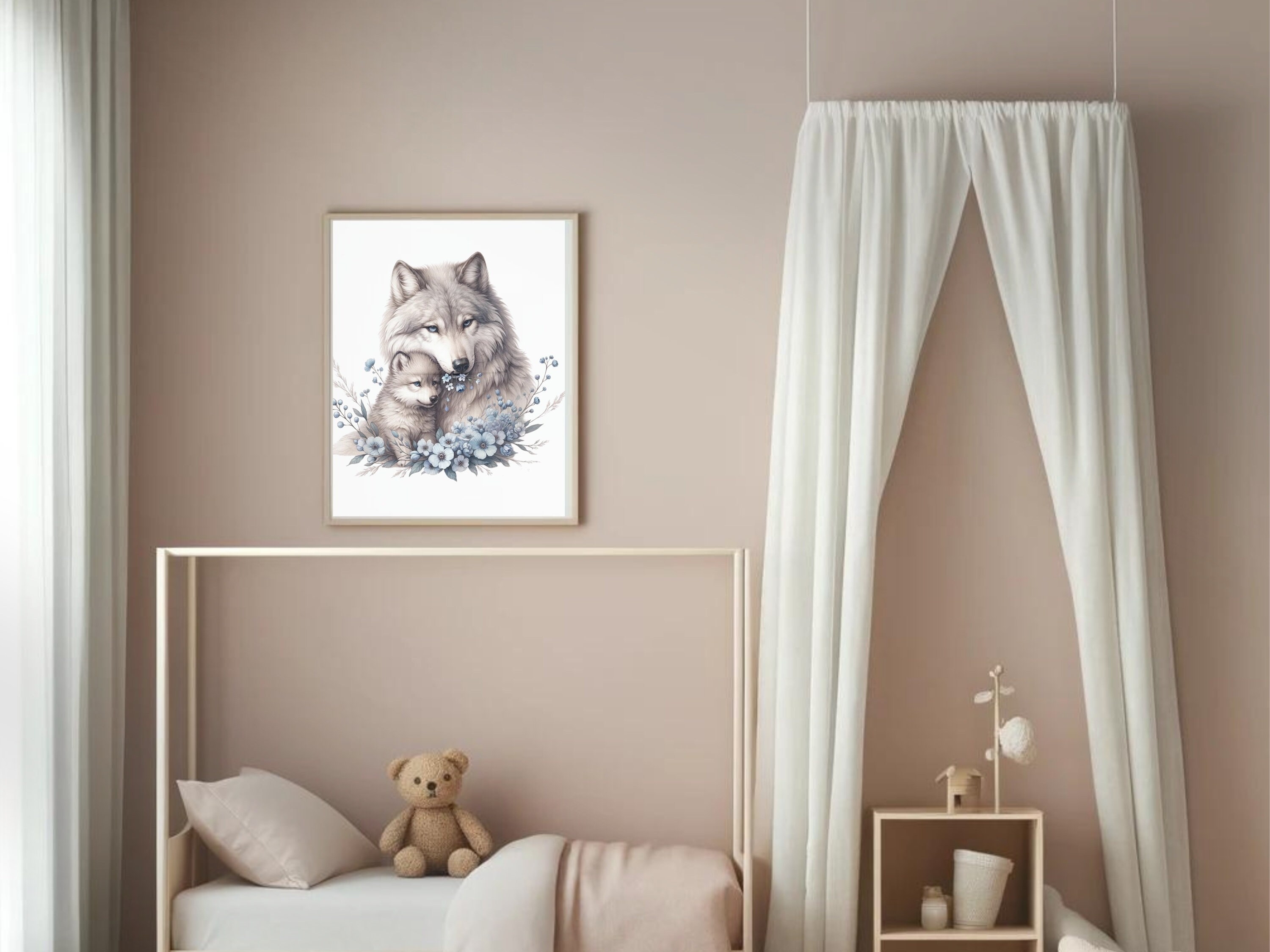 Printable Blue Floral Baby and Mama Wolf, DIGITAL DOWNLOAD, Floral Wild ...