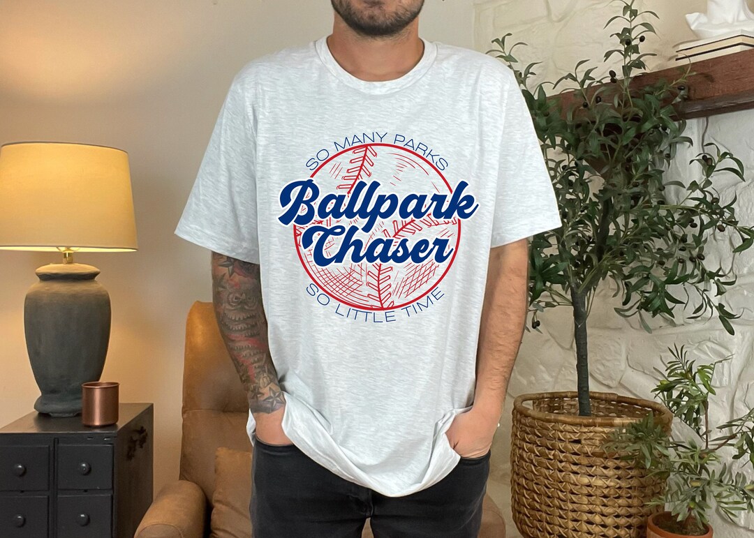 Vibrant Wander Tees Ballpark Chaser so Many Parks Red Baseball Shirt ...