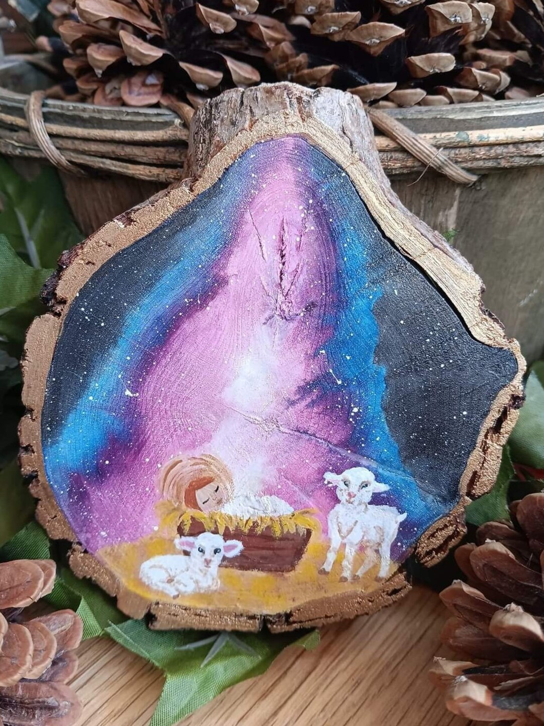 Hand Painted Nativity Scene on Wood Slice, Baby Jesus and Lambs With ...