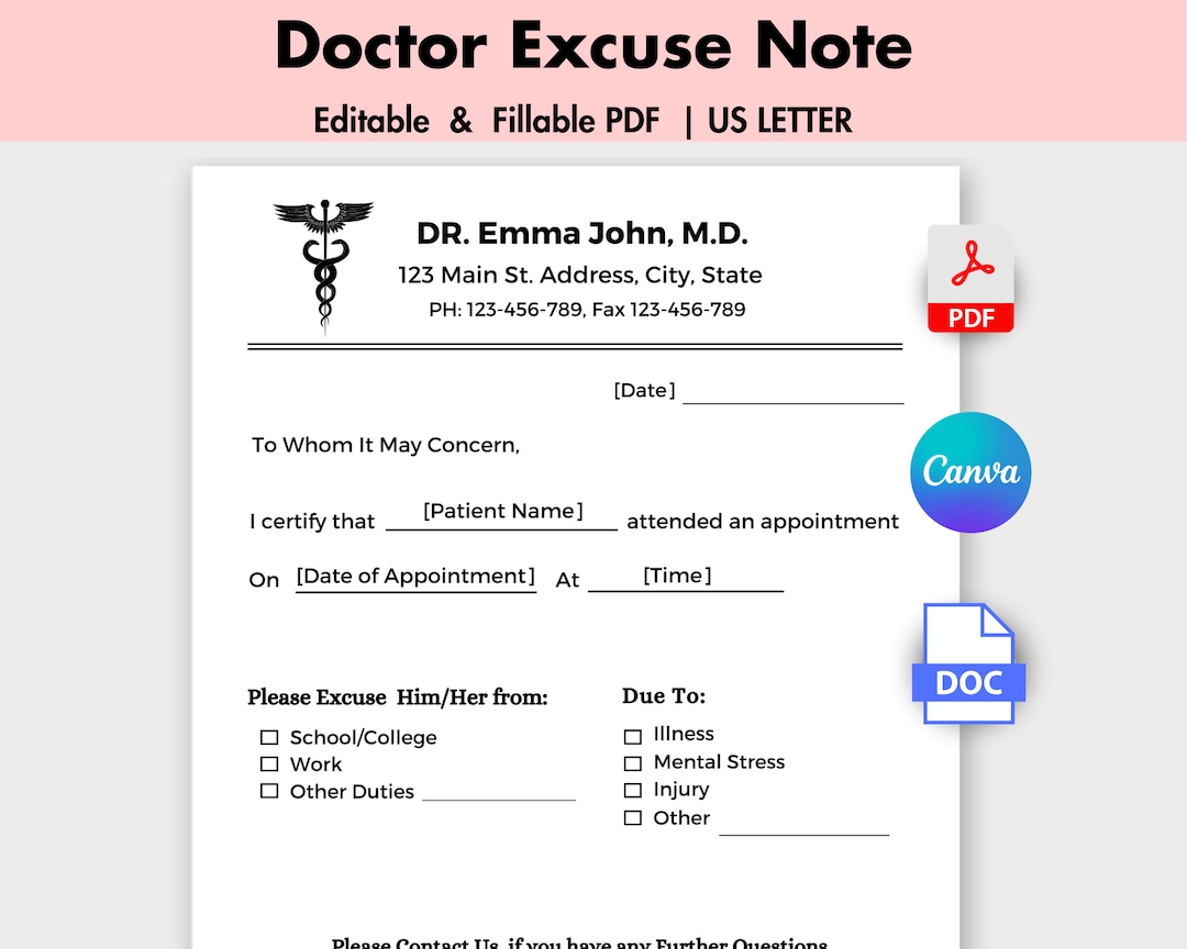 Fillable Doctors Note Doctor Excuse Note Fake Doctors Note Doctors ...
