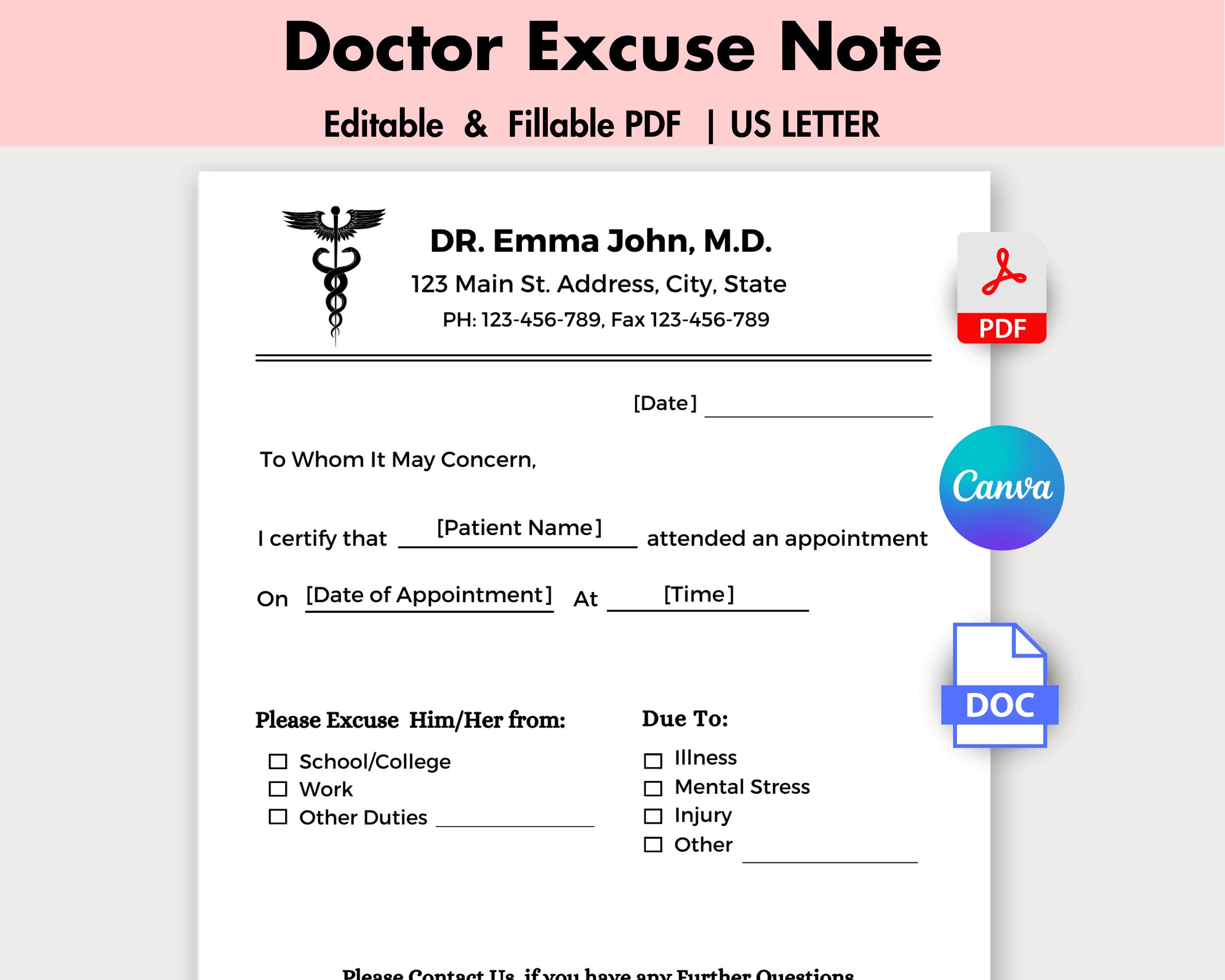 Fillable Doctors Note Doctor Excuse Note Fake Doctors Note Doctors ...