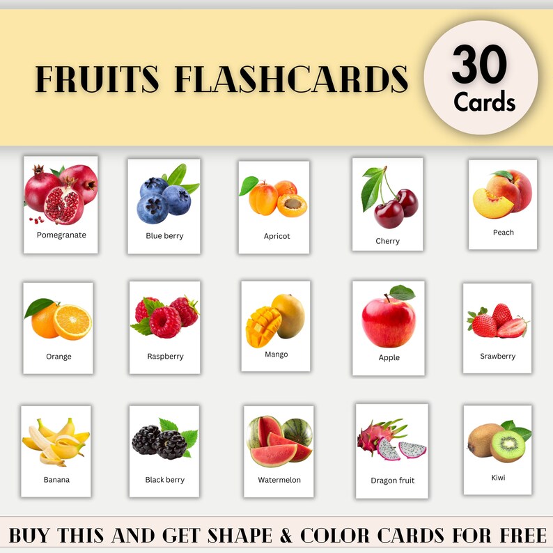 30 Fruits Flashcards Flashcards for Kids Montessori Cards Educational ...