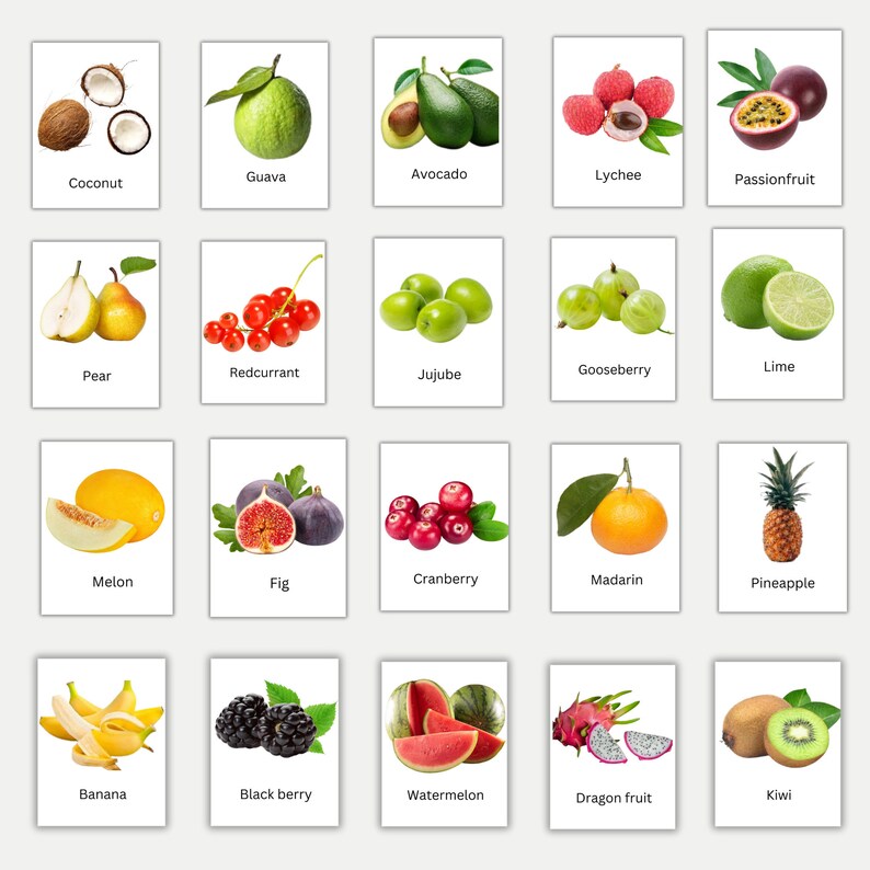 30 Fruits Flashcards Flashcards for Kids Montessori Cards Educational ...