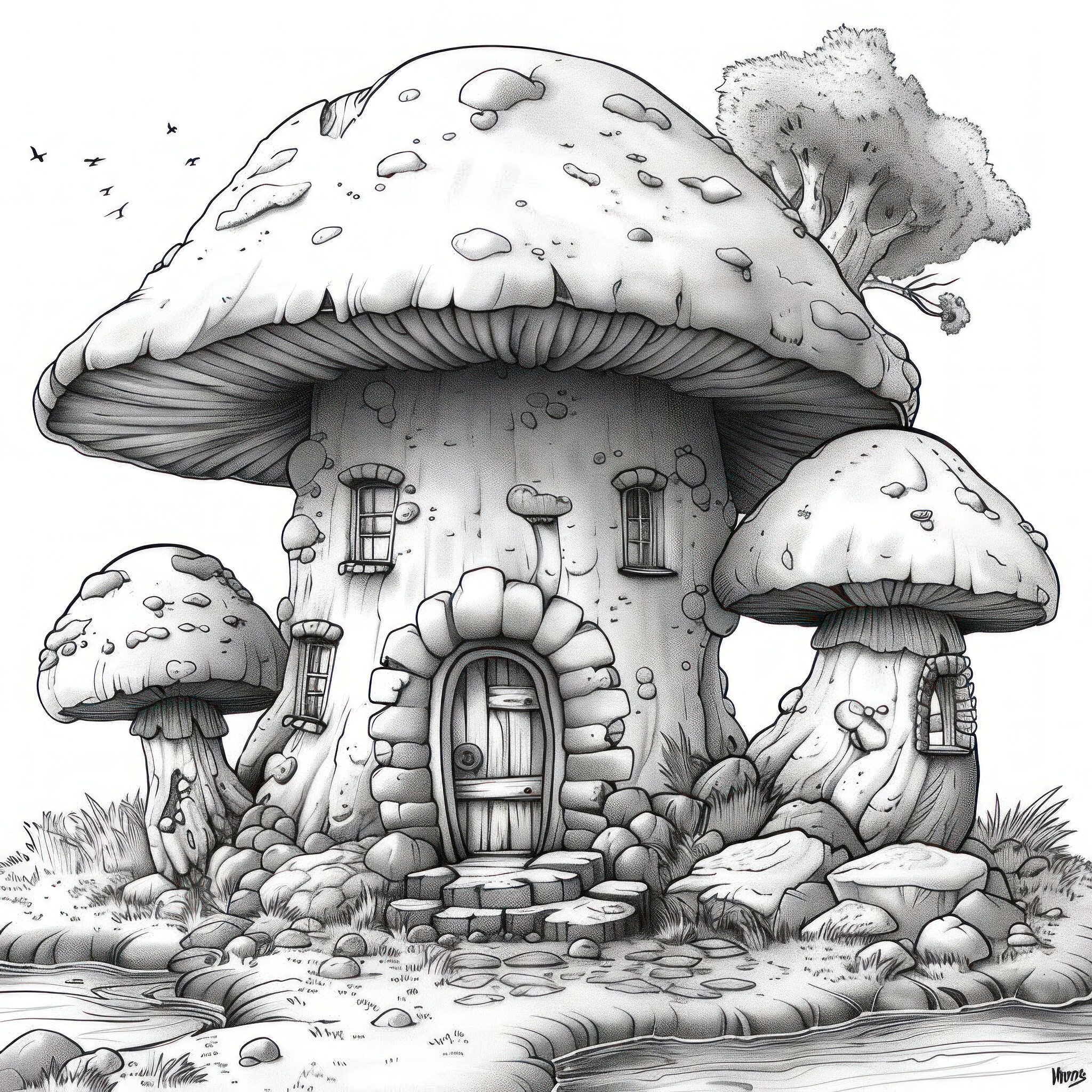 100 Mushroom Houses Pages Digital Coloring Book PDF, Fun Activity Gift ...