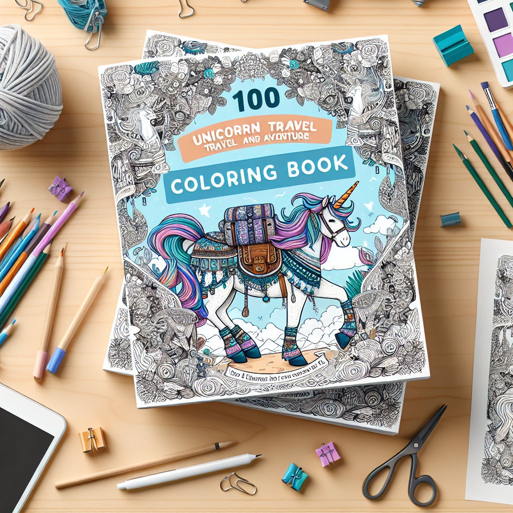 100 Printable Coloring Unicorn Travel and Adventure, Digital PDF Book ...
