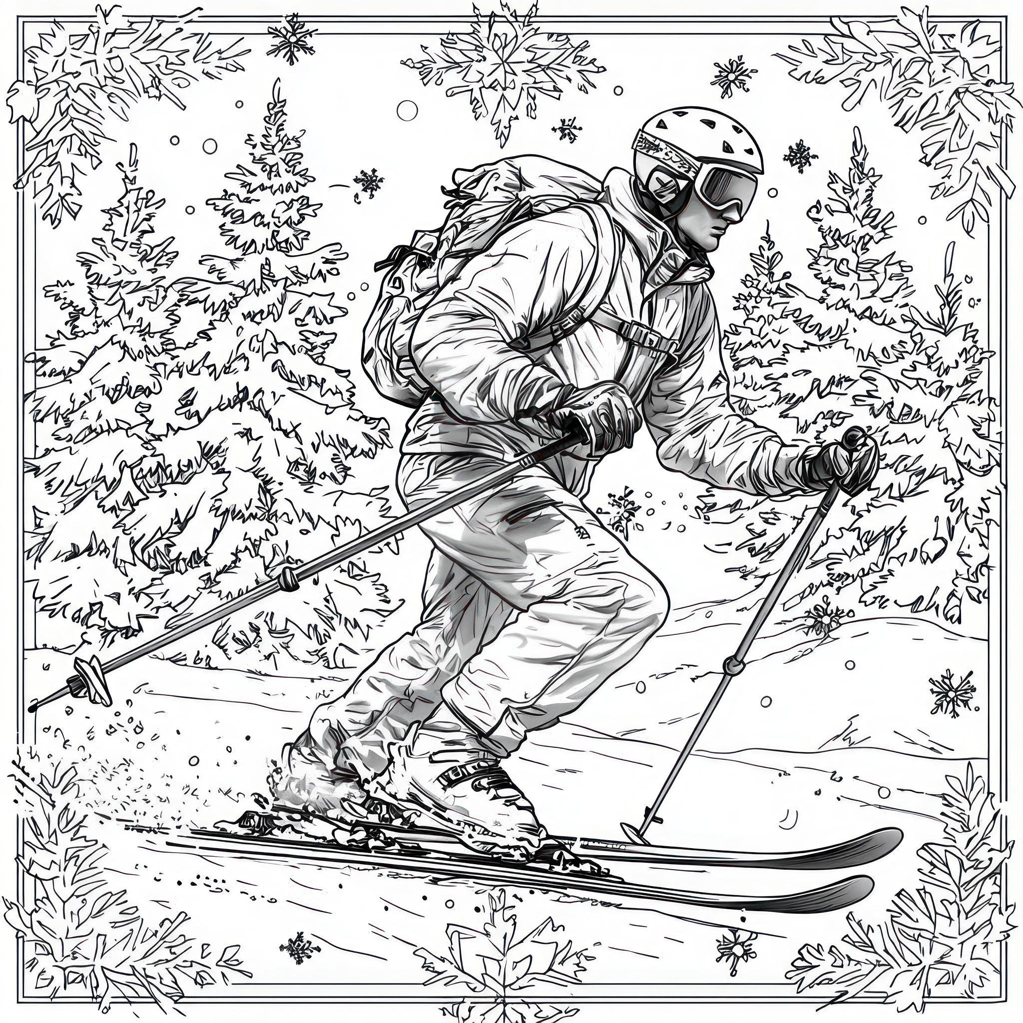 100 Pages Digital PDF Coloring Book Cross-country Skiing Theme for Kids ...