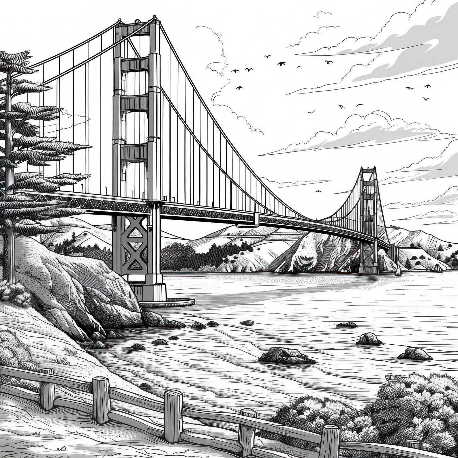 100 Pages Digital Coloring Book PDF Golden Gate at Sunrise for Kids and ...