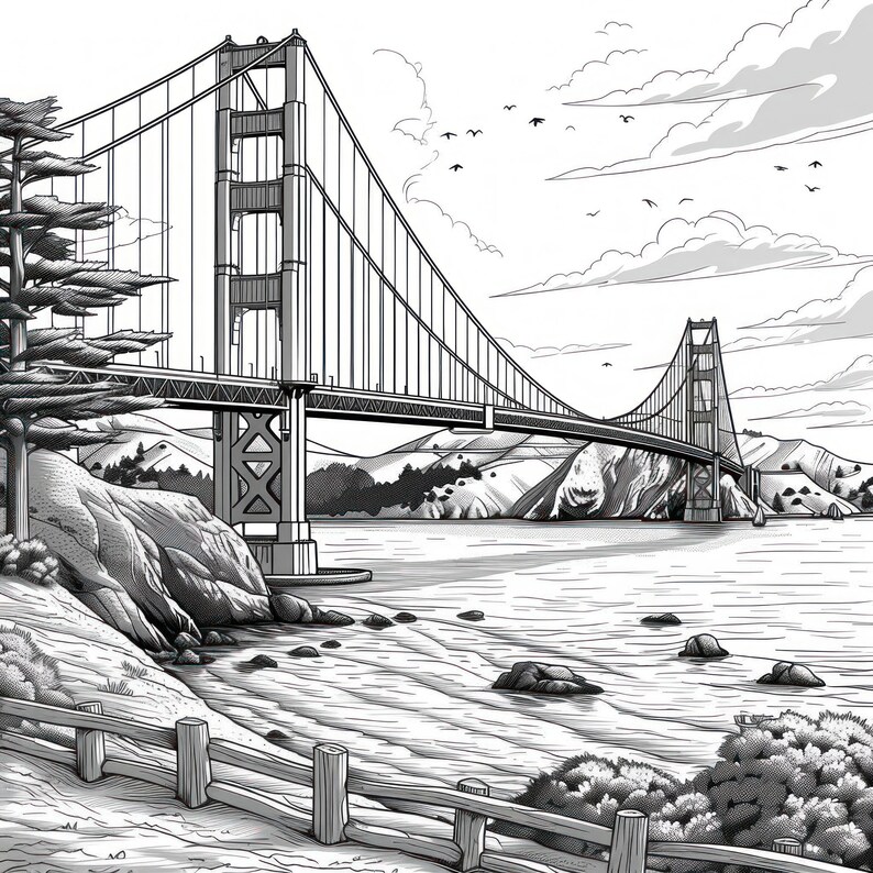 100 Pages Digital Coloring Book PDF Golden Gate at Sunrise for Kids and ...