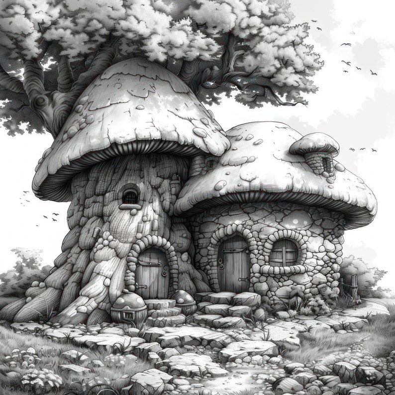 100 Mushroom Houses Pages Digital Coloring Book PDF, Fun Activity Gift ...
