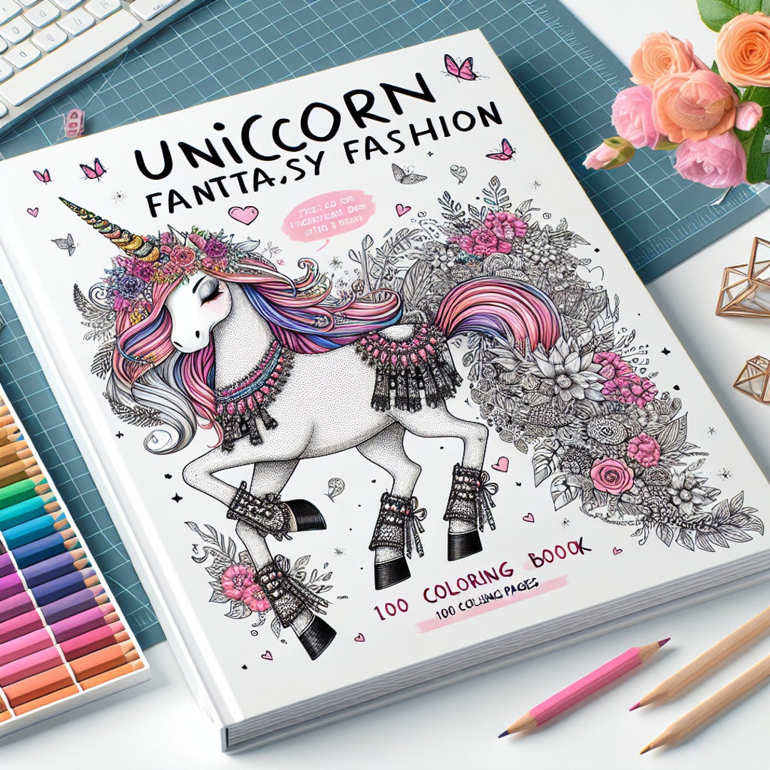 100 Unicorn Fashion Fantasy Coloring Book, 100 Pages Digital Printable ...