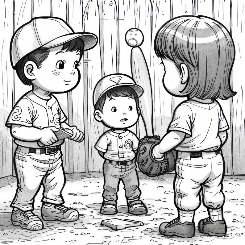 Kids Playing Baseball Coloring Book, Fun Sports Themes, 100 Pages, PDF ...