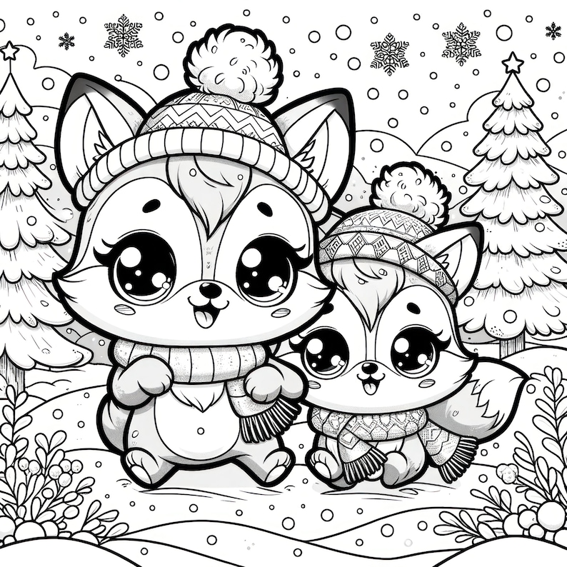 30 Coloring Pages Christmas KAWAII Cute Animals, PDF File, Instant ...