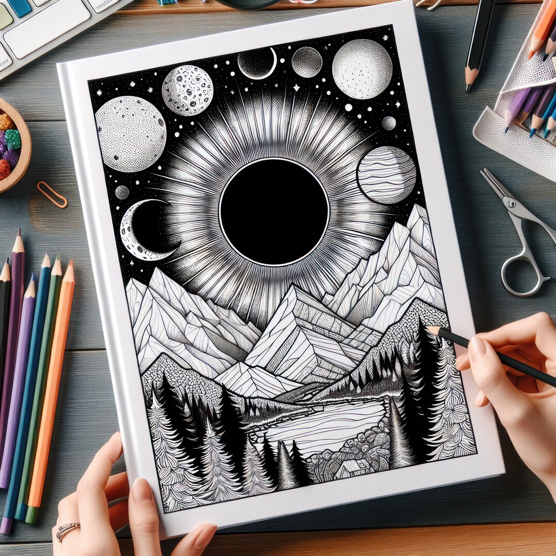 100 Pages Solar Eclipse Coloring Landscapes Book PDF, Digital Coloring ...