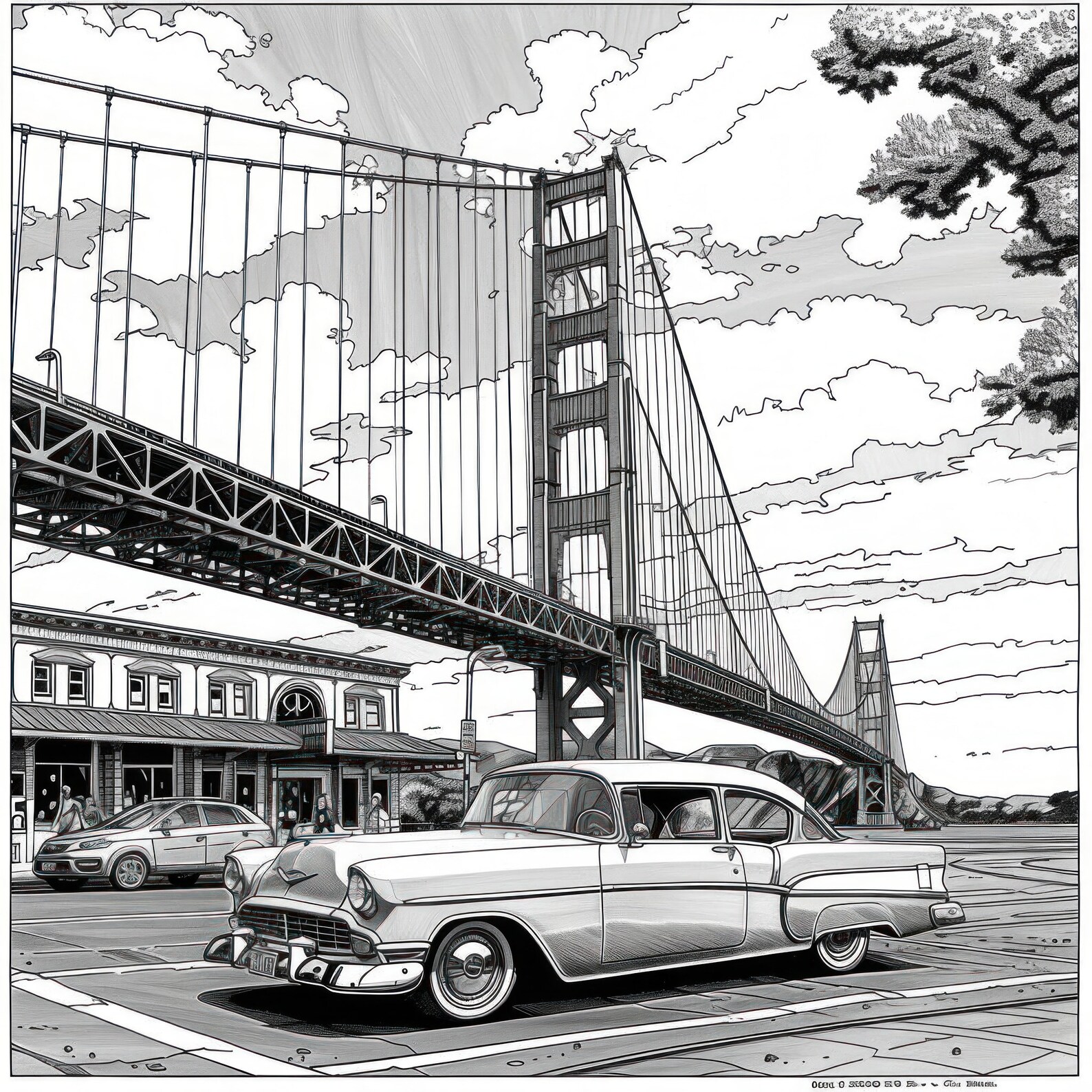 100 Pages Digital Coloring Book PDF Golden Gate at Sunrise for Kids and ...