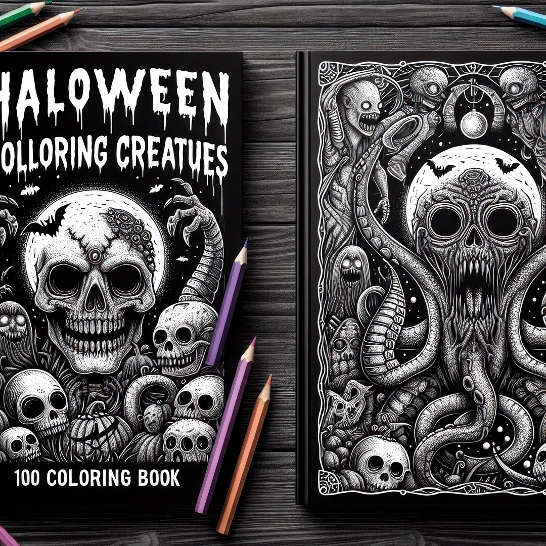 100 Pages Halloween Creepy Creatures Coloring Book Digital PDF for Kids ...