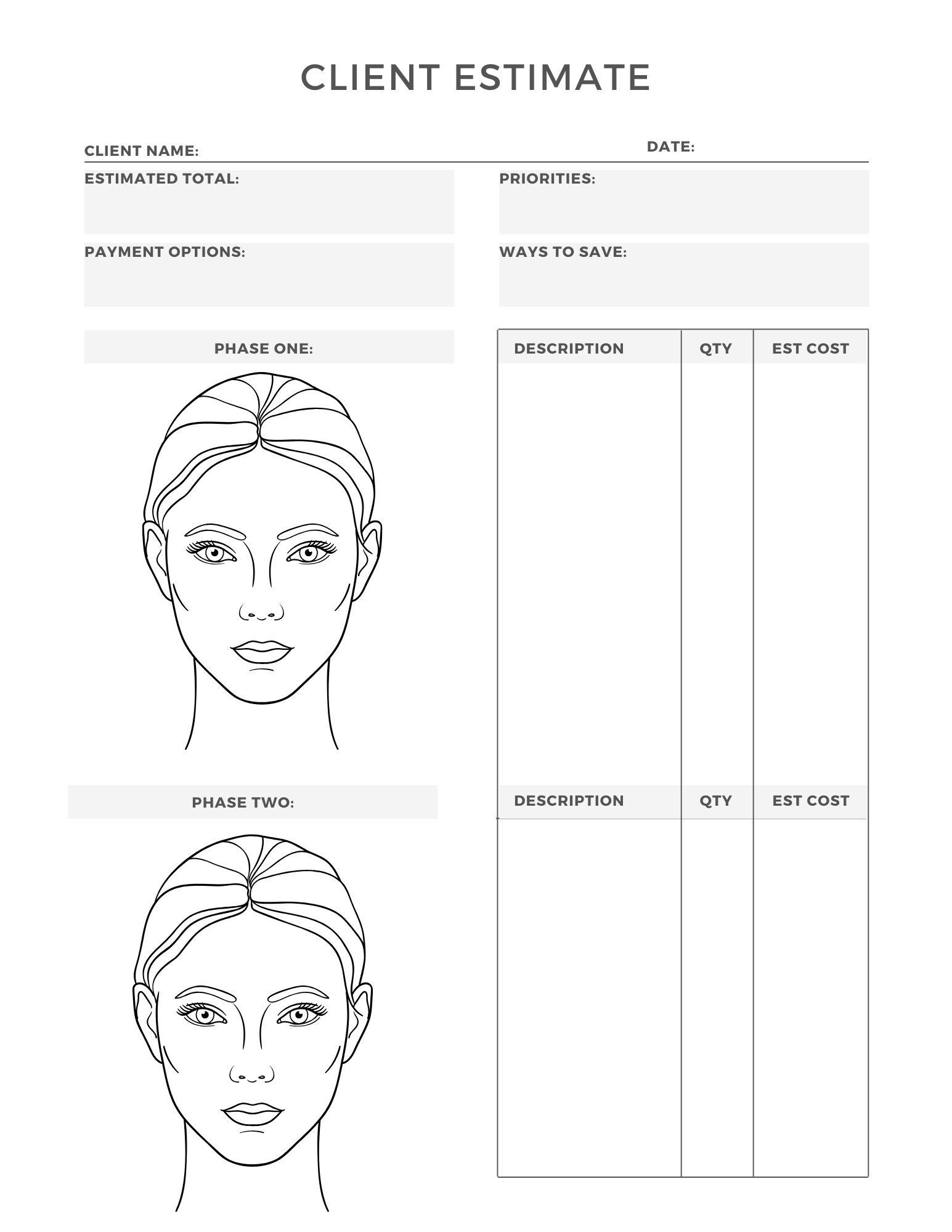 Female Face Client Estimate Sheets for Aesthetic Consults - Etsy