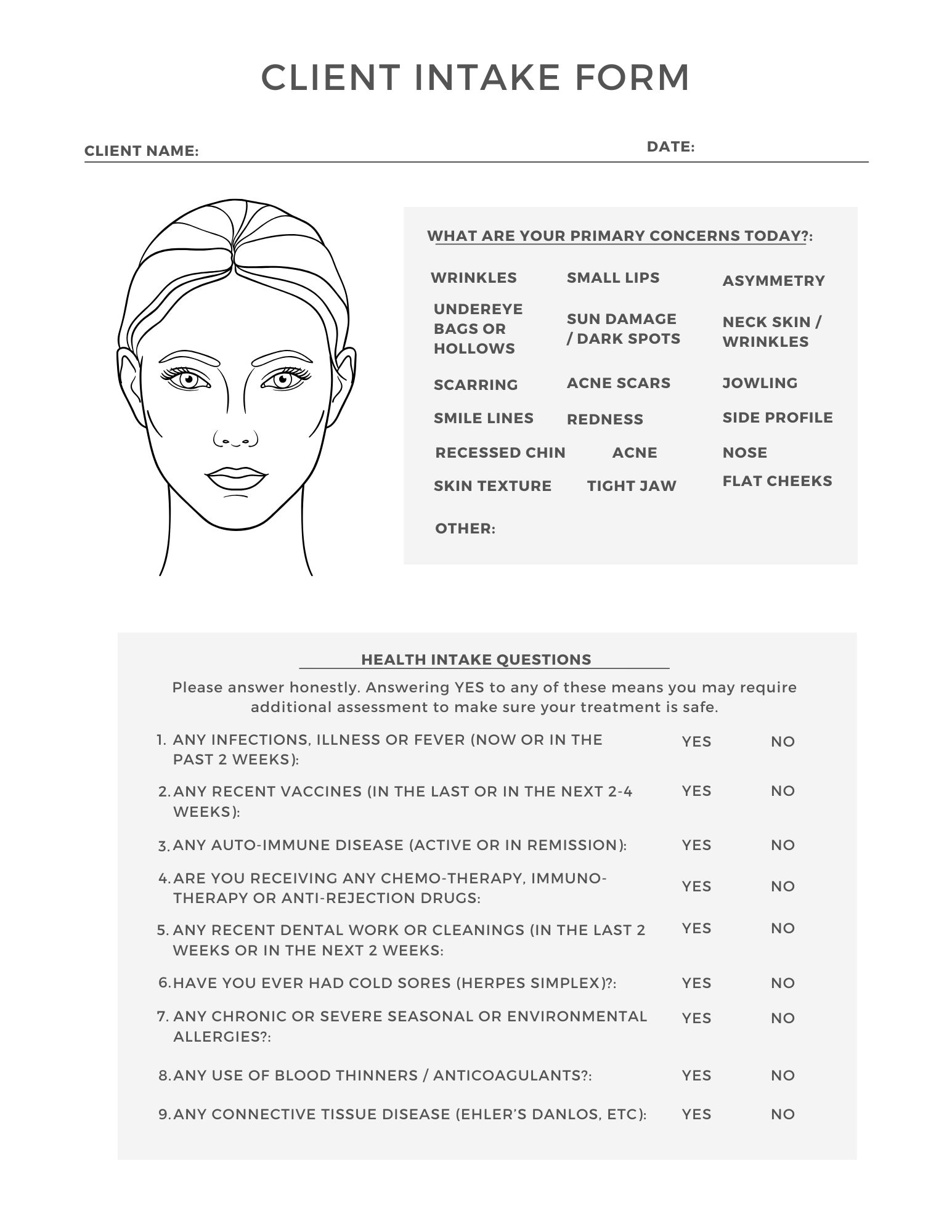 Client Intake Form for Aesthetics Injectables PDF Three Versions for ...