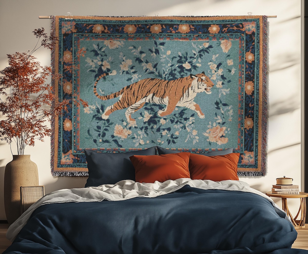 Oriental Tiger Tapestry Exotic Jungle Woven Cotton Tapestry Blue Tiger ...