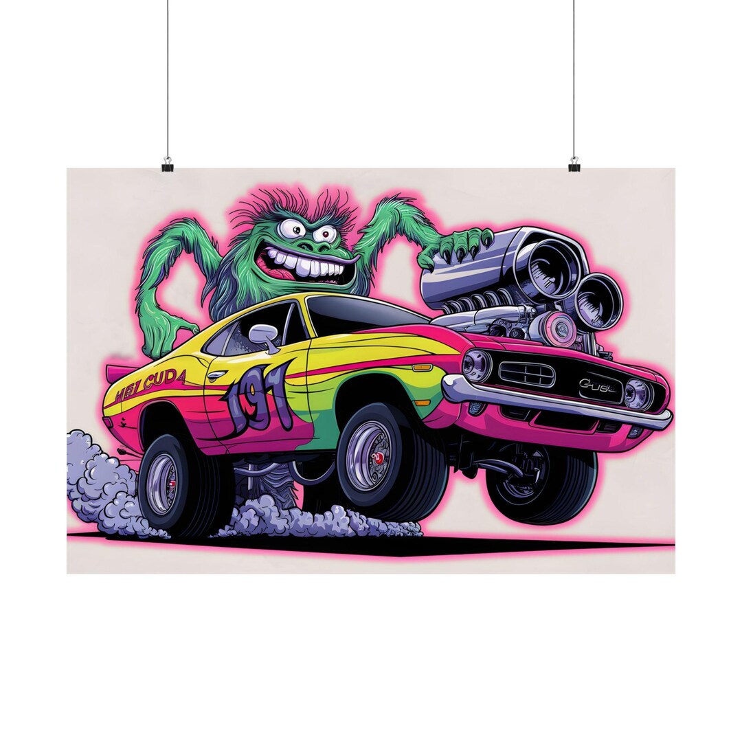 Poster, 1980s Style Muscle Car Monster Art Print, Retro Wall Decor ...