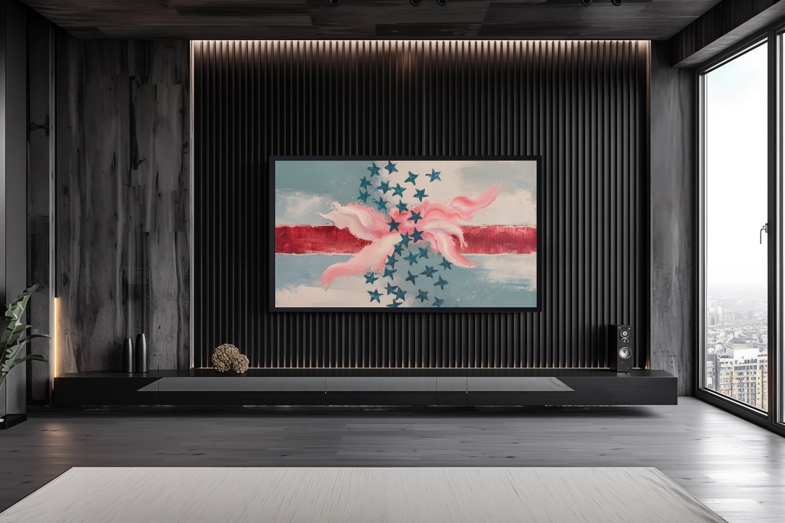 Samsung Frame TV Abstract Art, Pink Bow Blue Stars Clouds Painting ...