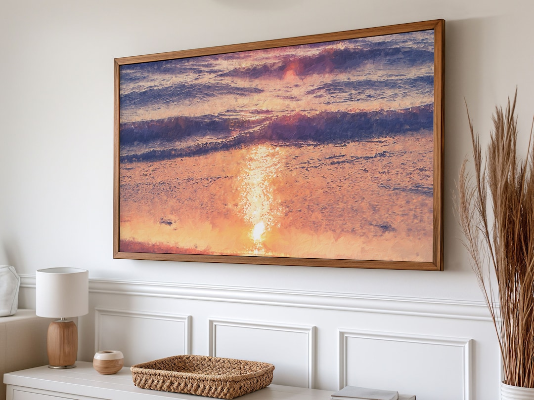 Coastal Frame TV Art Modern Summer Decor, Golden Blue Ocean Tv Picture ...
