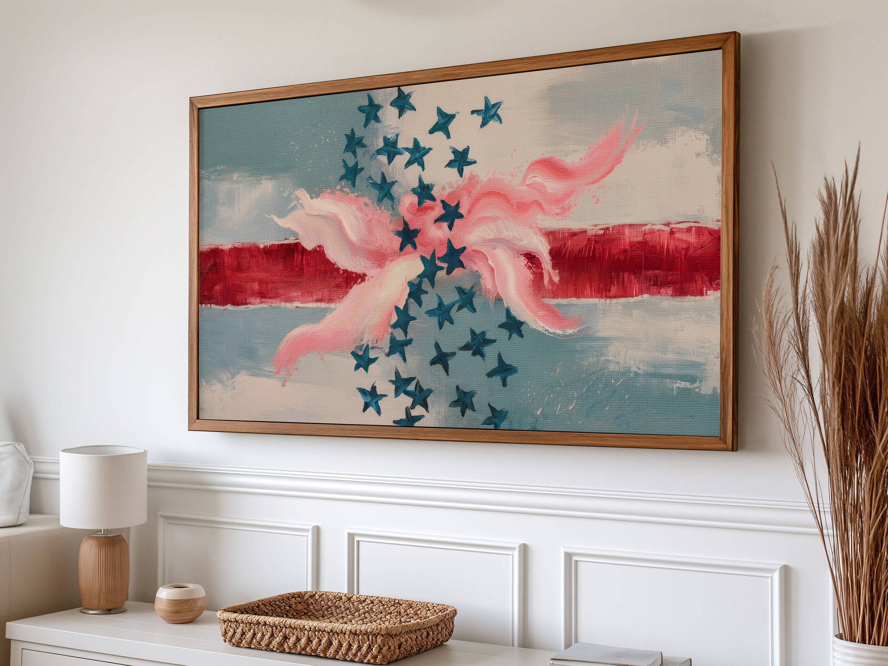 Samsung Frame TV Abstract Art, Pink Bow Blue Stars Clouds Painting ...
