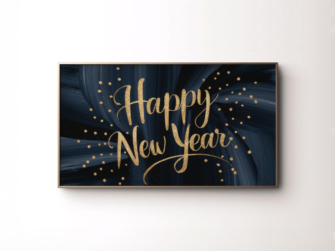 Happy New Year Frame TV Art, Black Gold NYE Party Decor, Navy Blue ...