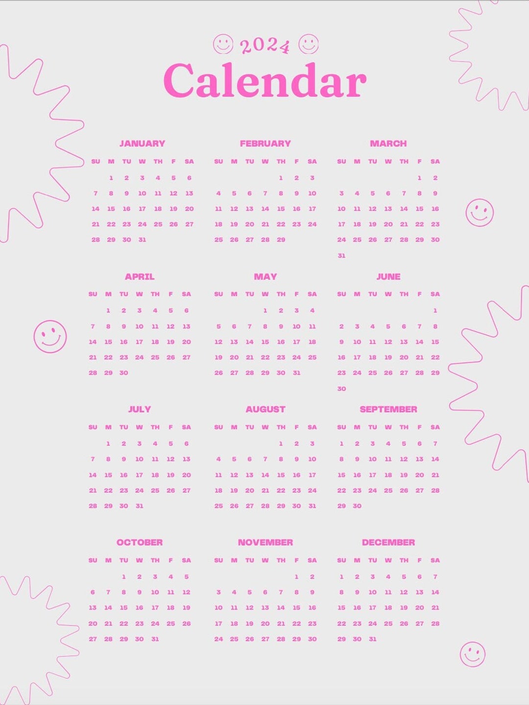 Pink and White Minimalist 2024 Calendar - Etsy