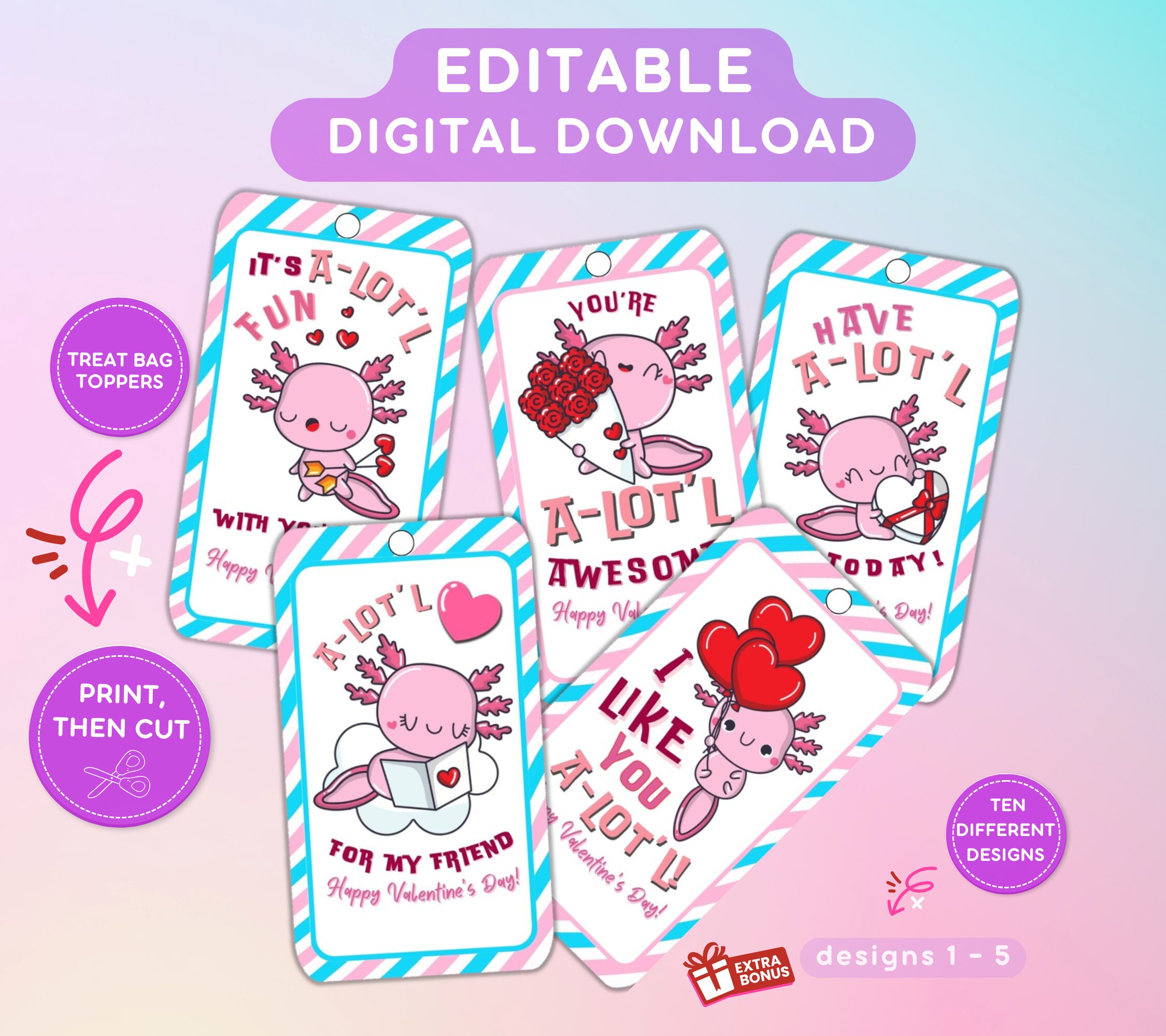 Editable Axolotl Valentine's Day Gift Tags FREE Bonus Treat/ Cookie Bag ...