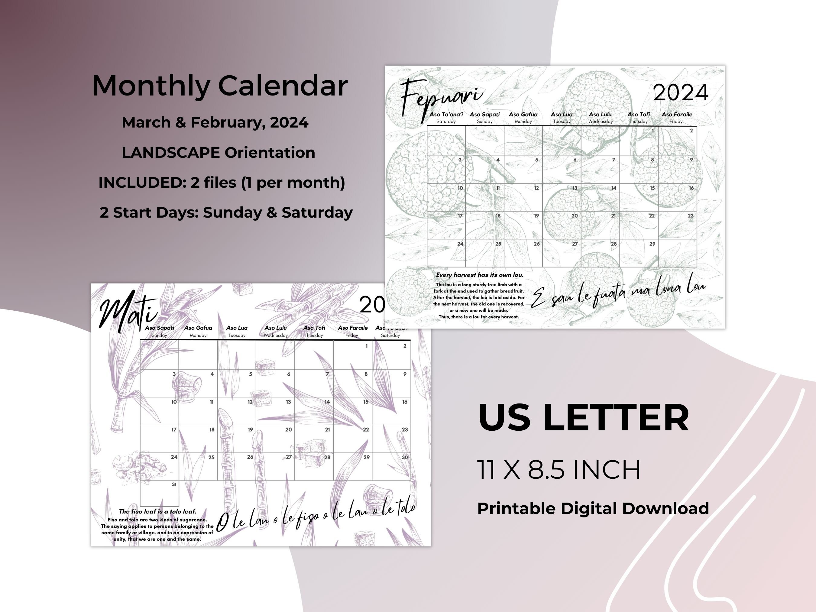 2024 Samoan Printable Month Calendar March mati Bonus: FREE February ...